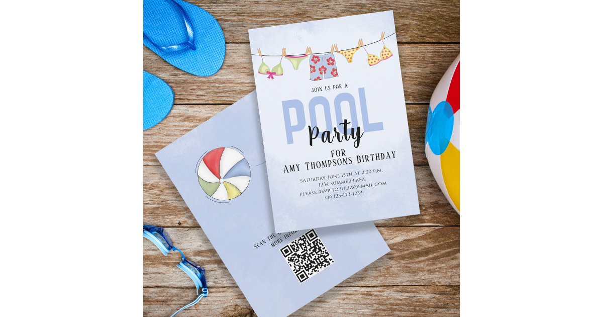 Birthday Whimsical Pool Party Swimsuits QR Code Invitation | Zazzle
