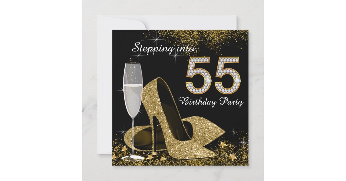 Black and Gold Stepping Into 55th Birthday Party Invitation | Zazzle