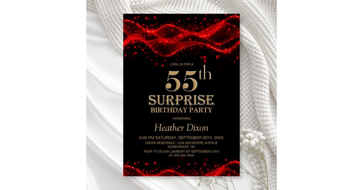 Black and Red Surprise 55th Birthday Party Invitation | Zazzle