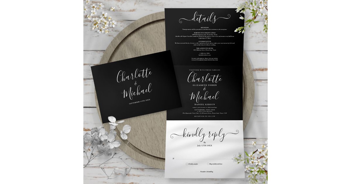 Black And White Elegant Script Photo Wedding Tri-Fold Invitation | Zazzle
