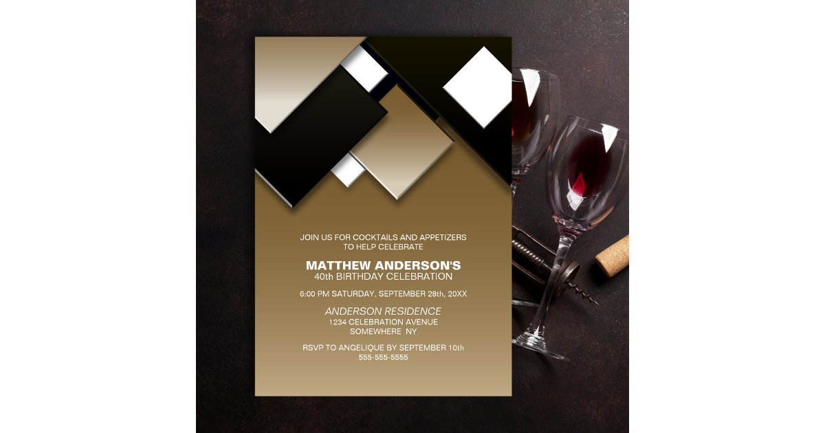 Black Gold 40th Cocktail Birthday Party Invitation | Zazzle