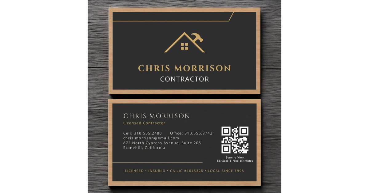 Black Gold Contractor Construction Wood QR Code Business Card | Zazzle