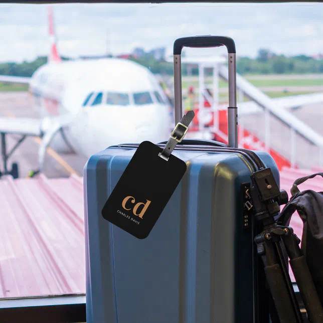 Black gold monogram initials elegant modern luggage tag | Zazzle