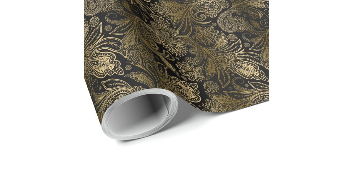 Black & Gold Vintage Indien Ham Paisley Wrapping Paper | Zazzle