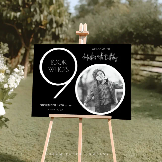 Black Modern Photo 90th Birthday Welcome Sign | Zazzle
