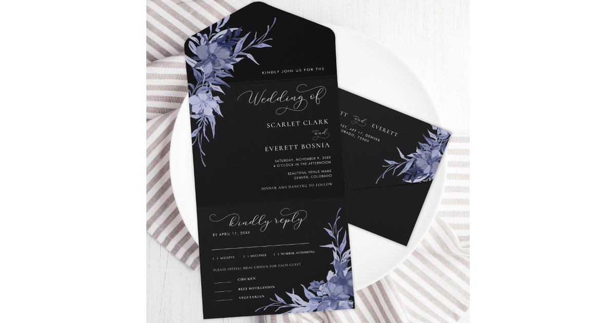 Black Purple Floral Moody Calligraphy Wedding Of All In One Invitation | Zazzle