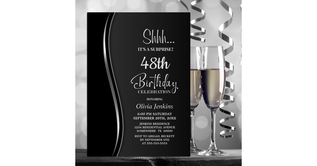 Black Silver Surprise Birthday Party Invitation | Zazzle