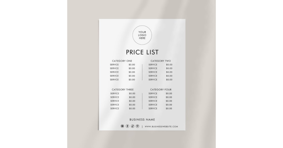 Black White Minimalist Formal Price List | Zazzle