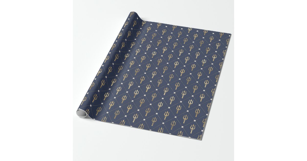 Blue and Gold Nautical Trident Pattern Wrapping Paper | Zazzle