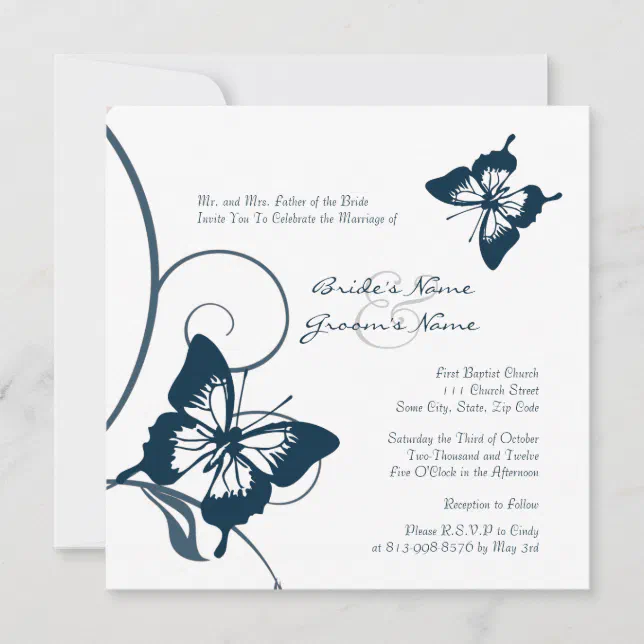 Blue and White Butterfly Wedding Invitation | Zazzle