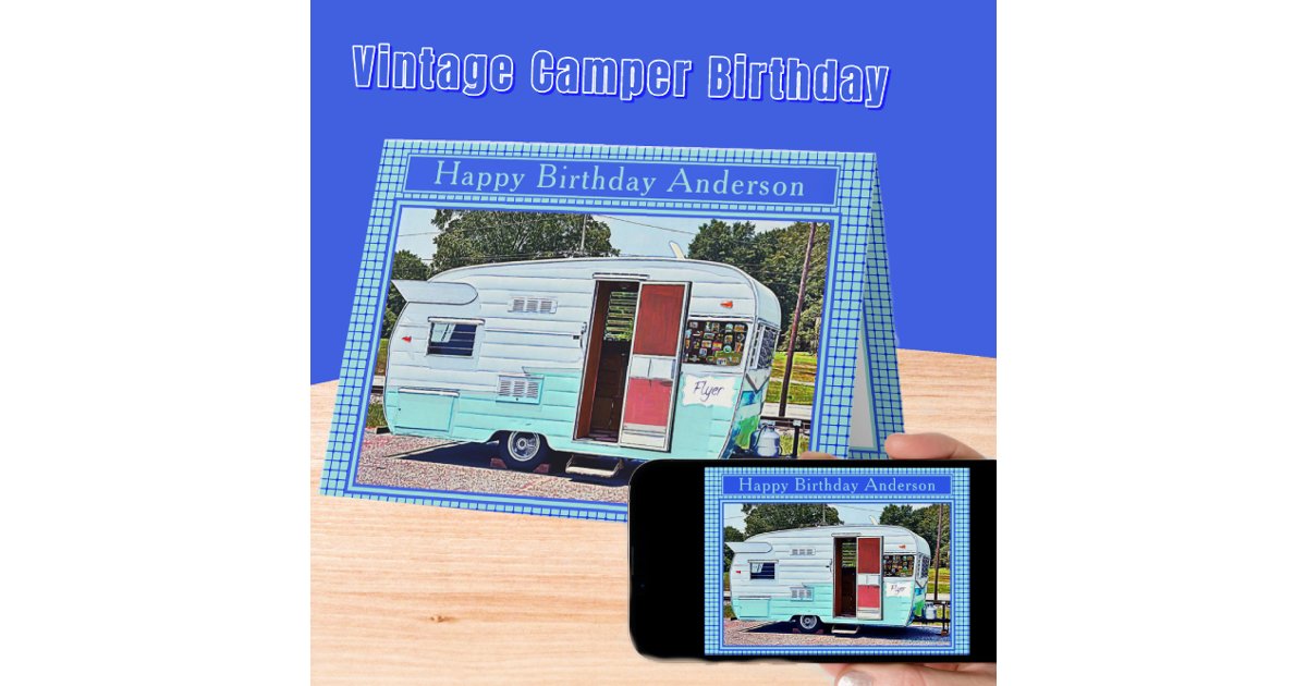 Blue and White Vintage Camper Happy Birthday Card | Zazzle