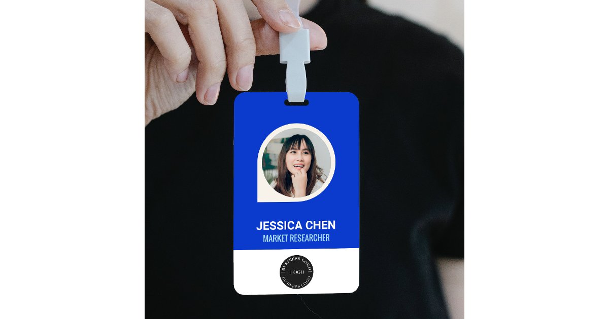 Blue Employee Photo ID Card, Bar Code, Logo, Name Badge | Zazzle
