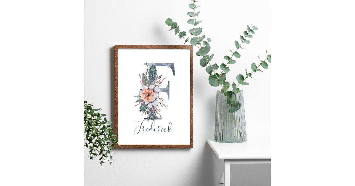 Blue Floral Watercolor Monogram Last Name Poster | Zazzle
