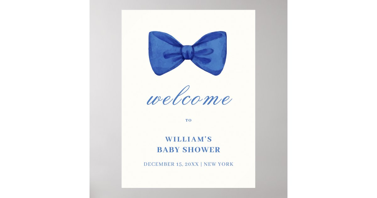 Blue Minimalist Bow Boy Baby Shower Welcome Poster | Zazzle