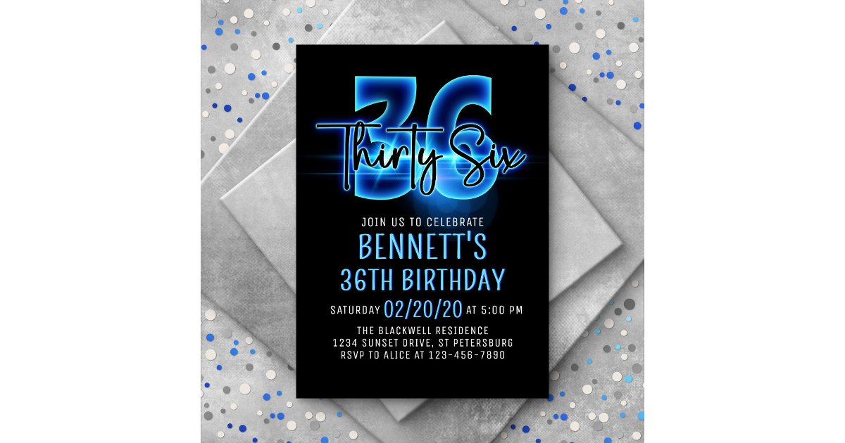 Blue Neon 36th Birthday Invitation | Zazzle