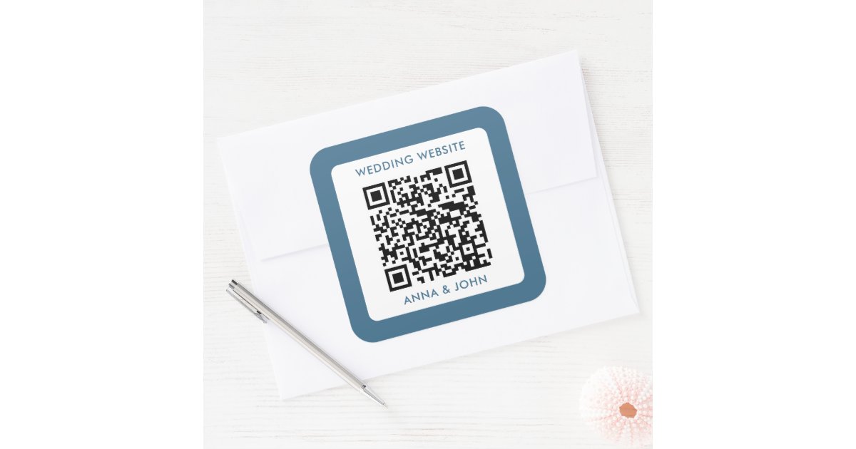 blue romantic modern minimalist wedding qr code square sticker | Zazzle