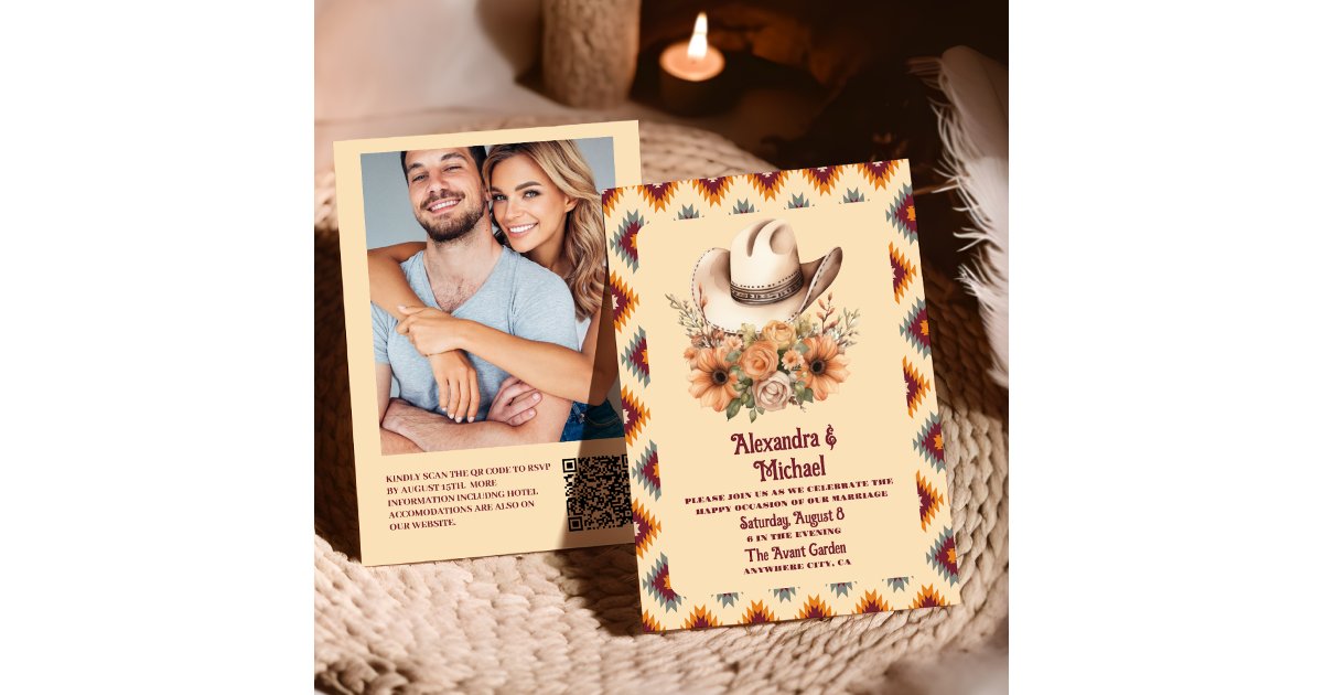 Boho Floral Western Wedding qr code Invitation | Zazzle