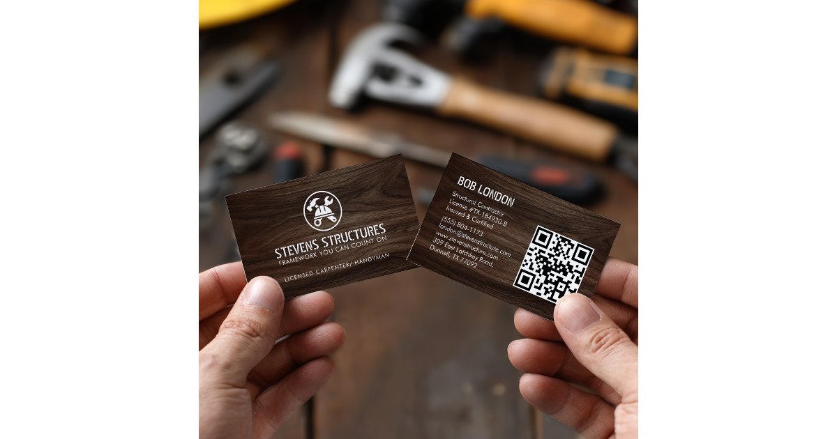 Bold Dark Wood Construction QR Code Contractor Business Card | Zazzle