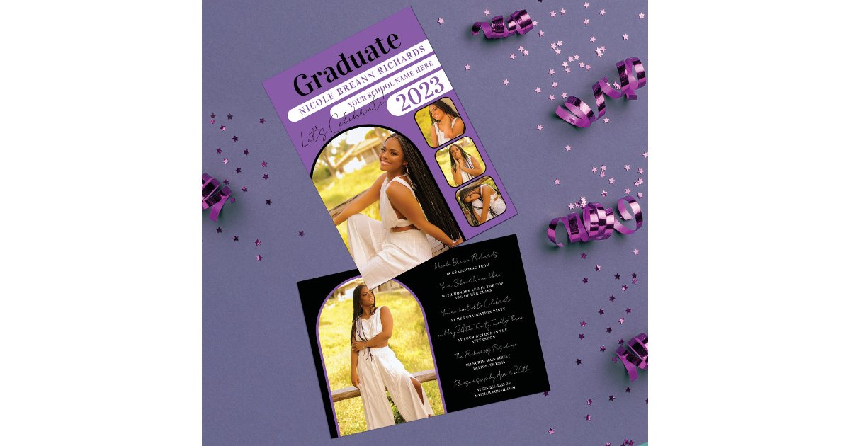 Bold Violet Black Typography Photo Graduation Invitation | Zazzle