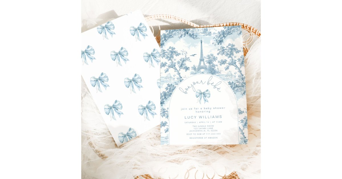 Bonjour Bebe Toile Blue Bow French Baby shower Invitation | Zazzle