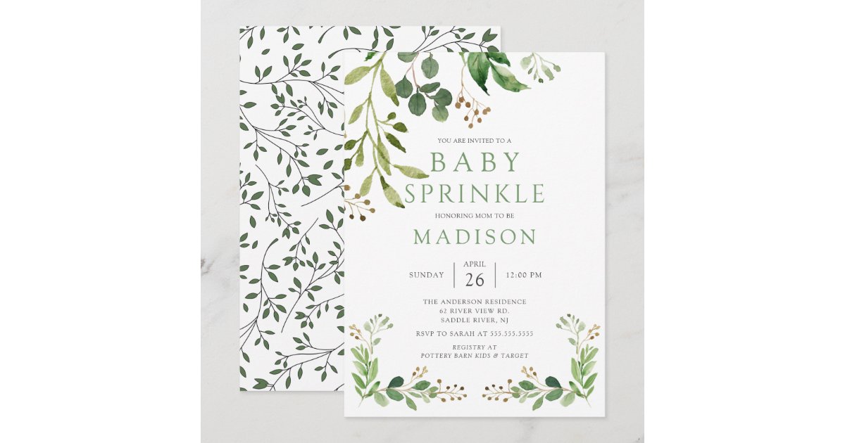 Botanical Green Leaf Baby Sprinkle Invitation | Zazzle