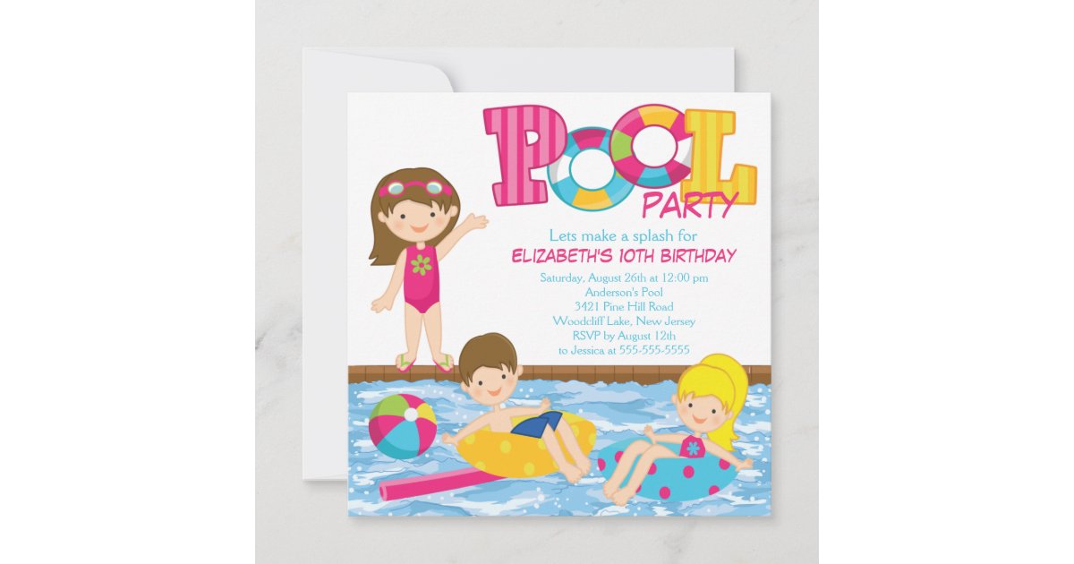 Brunette Girl Birthday Pool Party Invitation | Zazzle