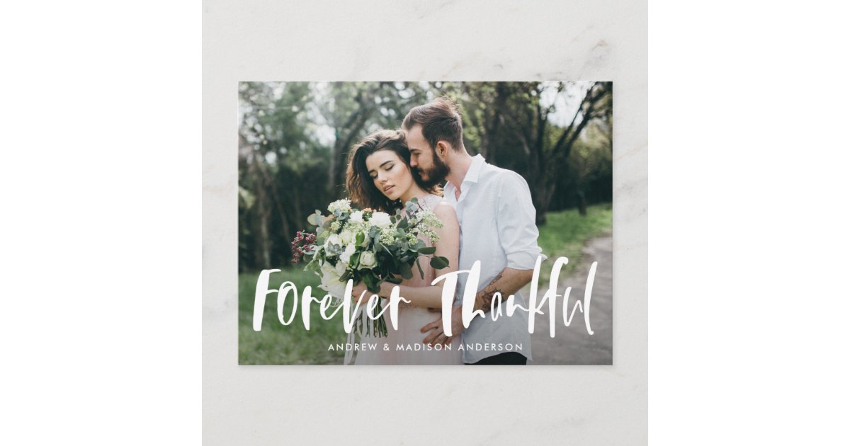 Brush Script Forever Thankful Wedding Thank You Postcard | Zazzle
