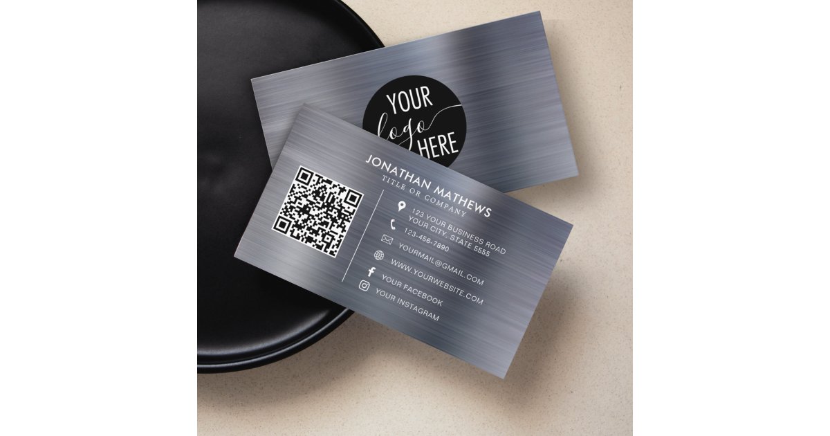 Brushed Metallic Silver Grey Company Logo QR Code Business Card | Zazzle