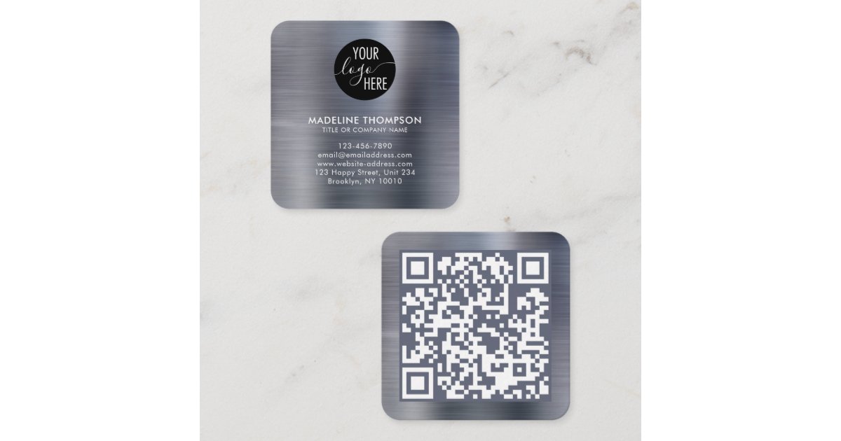 Brushed Metallic Silver Grey Company Logo QR Code Square Business Card ...
