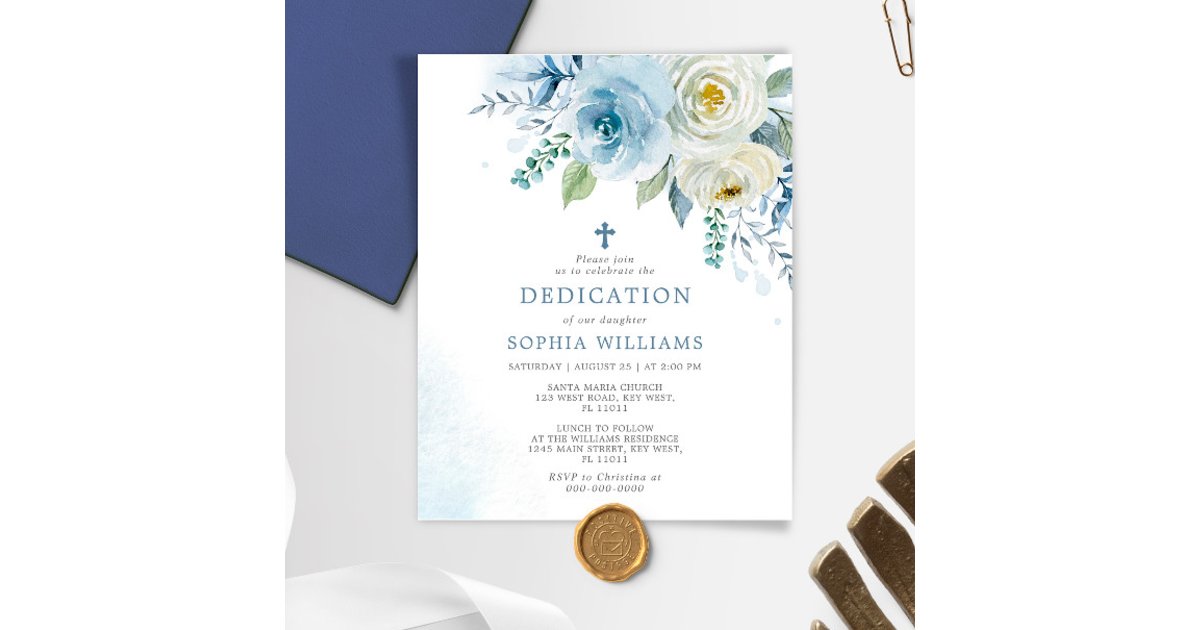 Budget Dusty Blue Floral Dedication Invitation | Zazzle