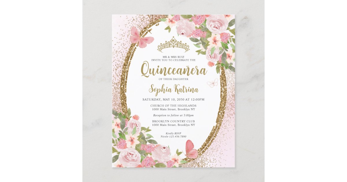 Budget Floral Blush Pink Gold Tiara Quinceañera Flyer | Zazzle