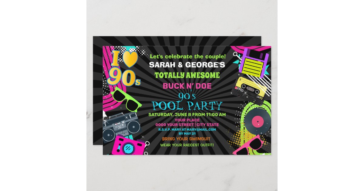 Budget Neon Couples 90s Pool Party Invitation | Zazzle
