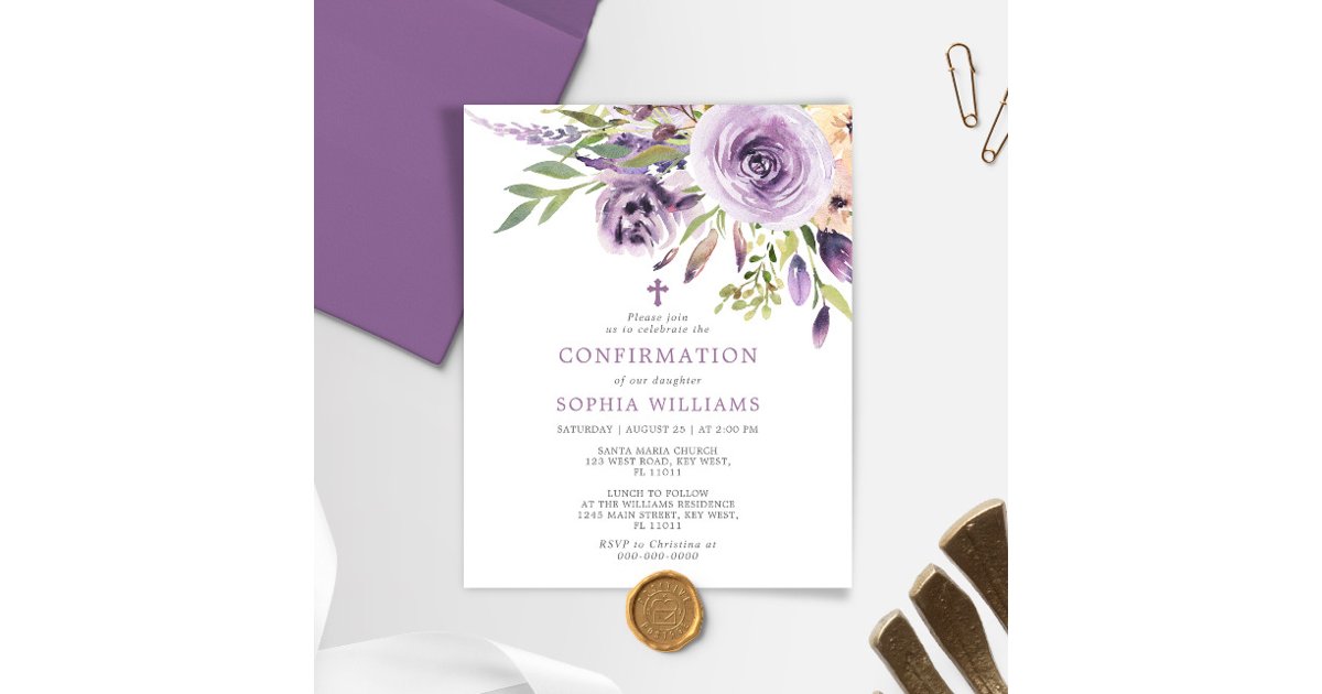 Budget Purple Rose Floral Confirmation Invitation | Zazzle