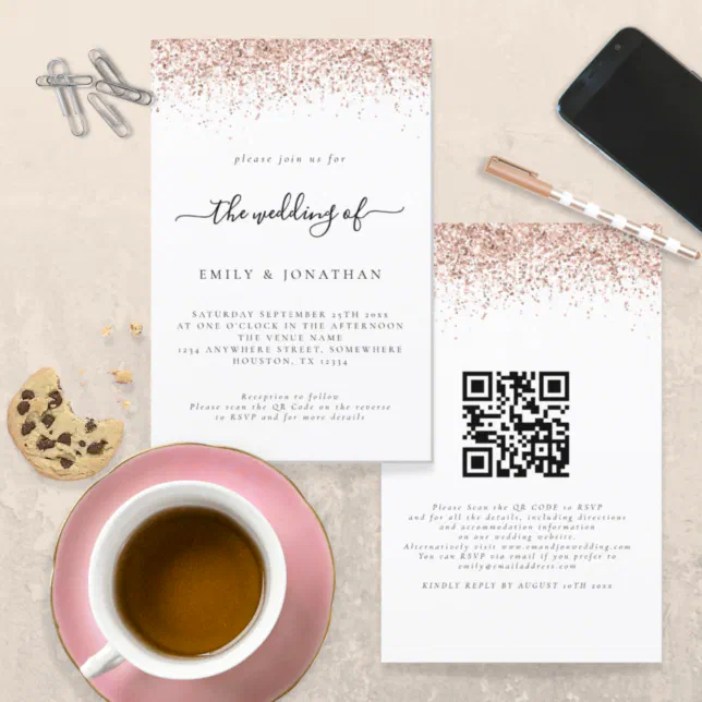 Budget Rose Gold Glitter QR Code Wedding Invite | Zazzle