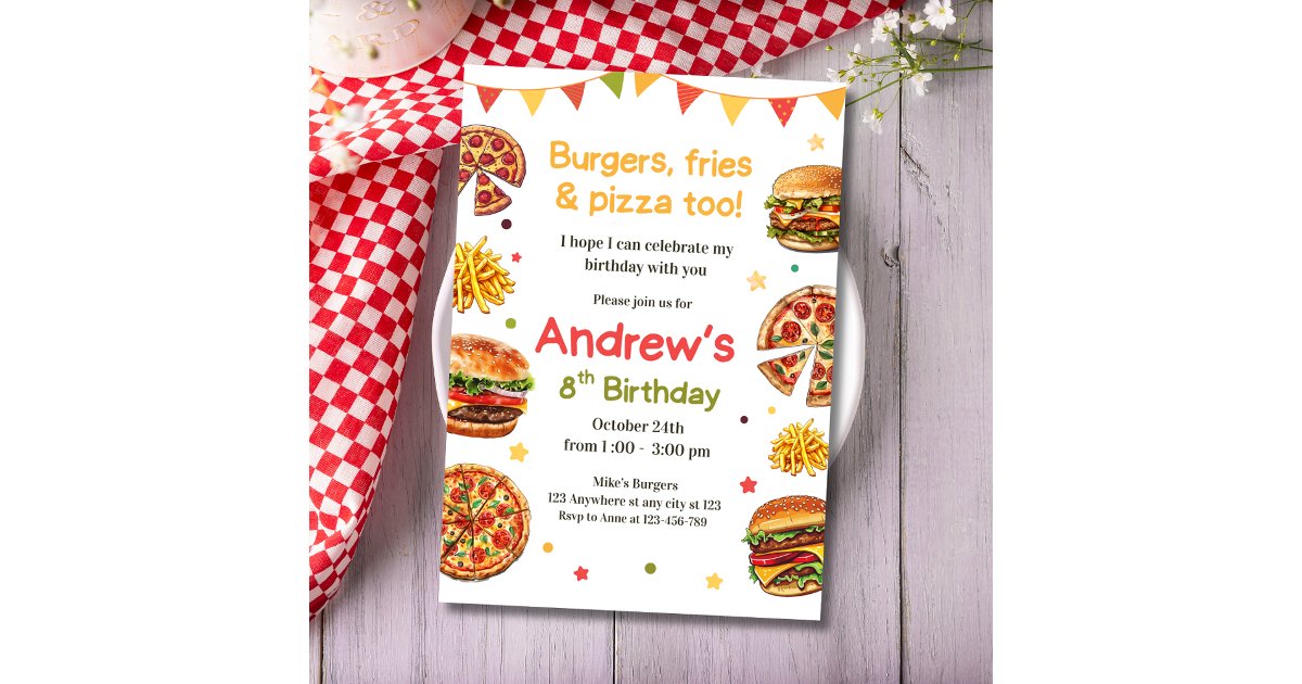 Burger & Pizza Birthday Foodie Birthday Fast Food Invitation | Zazzle