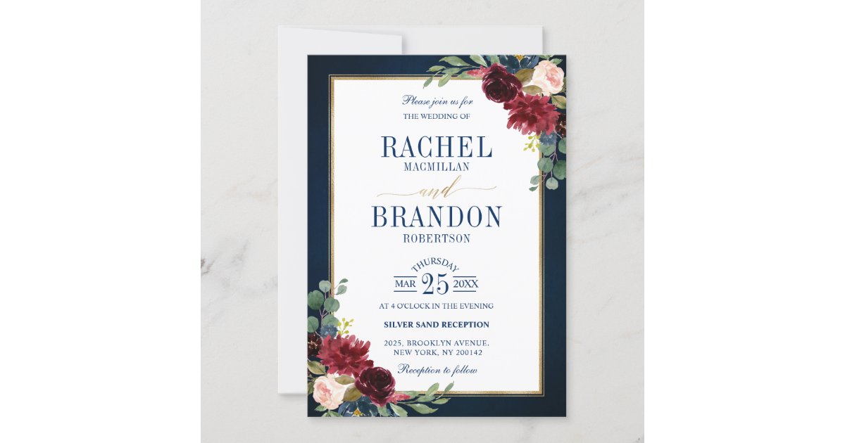 Burgundy Floral Gold Navy Blue Rustic Wedding Invi Invitation | Zazzle