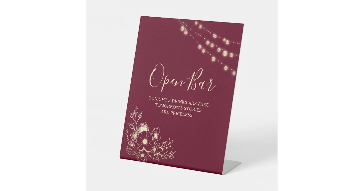 Burgundy Gold Open Bar Wedding Sign | Zazzle
