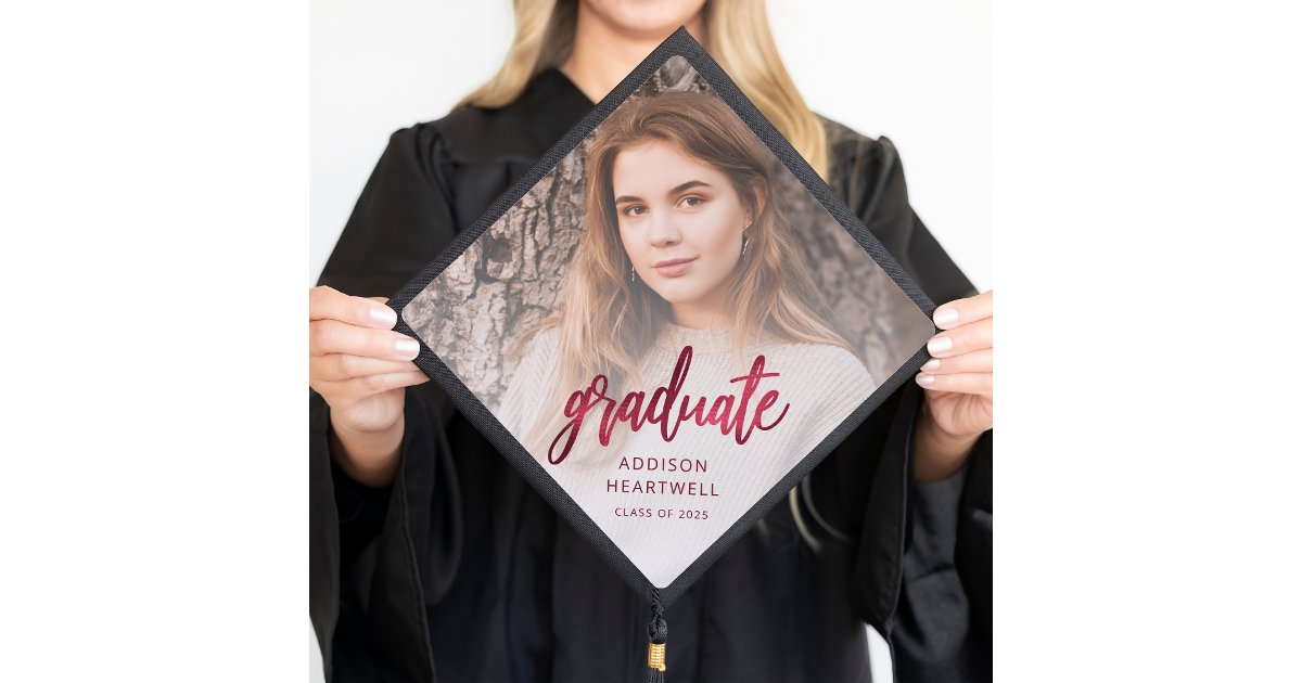 Burgundy Script Graduate Photo Class of 2025 Graduation Cap Topper | Zazzle