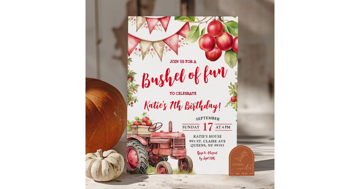 Bushel of Fun Apple Kids Birthday Invitation | Zazzle