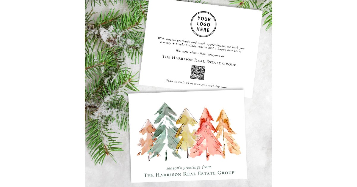 Business Logo QR Code Christmas Watercolor Holiday Card | Zazzle