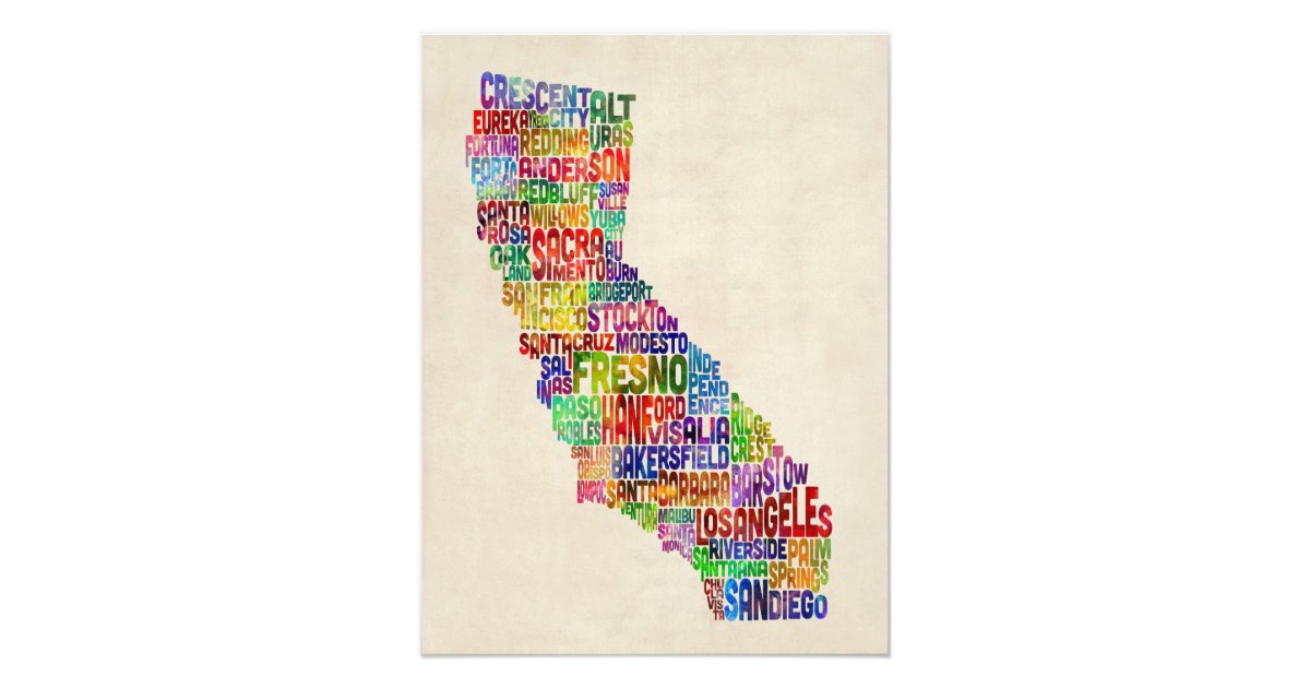 California Typography Text Map Photo Print | Zazzle