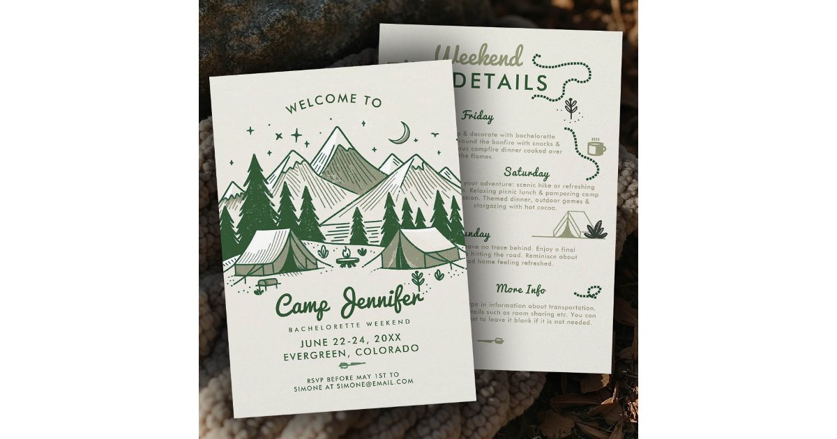 Camp Bach Camping Green 3-Day Bachelorette Party Invitation | Zazzle