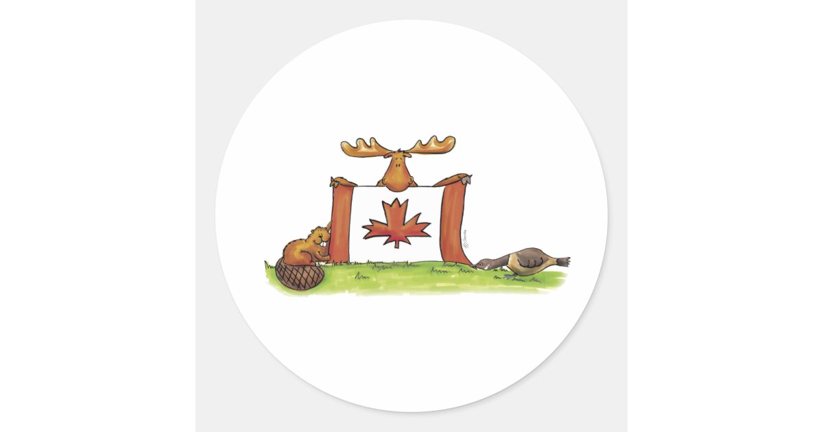 Canadian Flag with moose, beaver and goose Classic Round Sticker | Zazzle