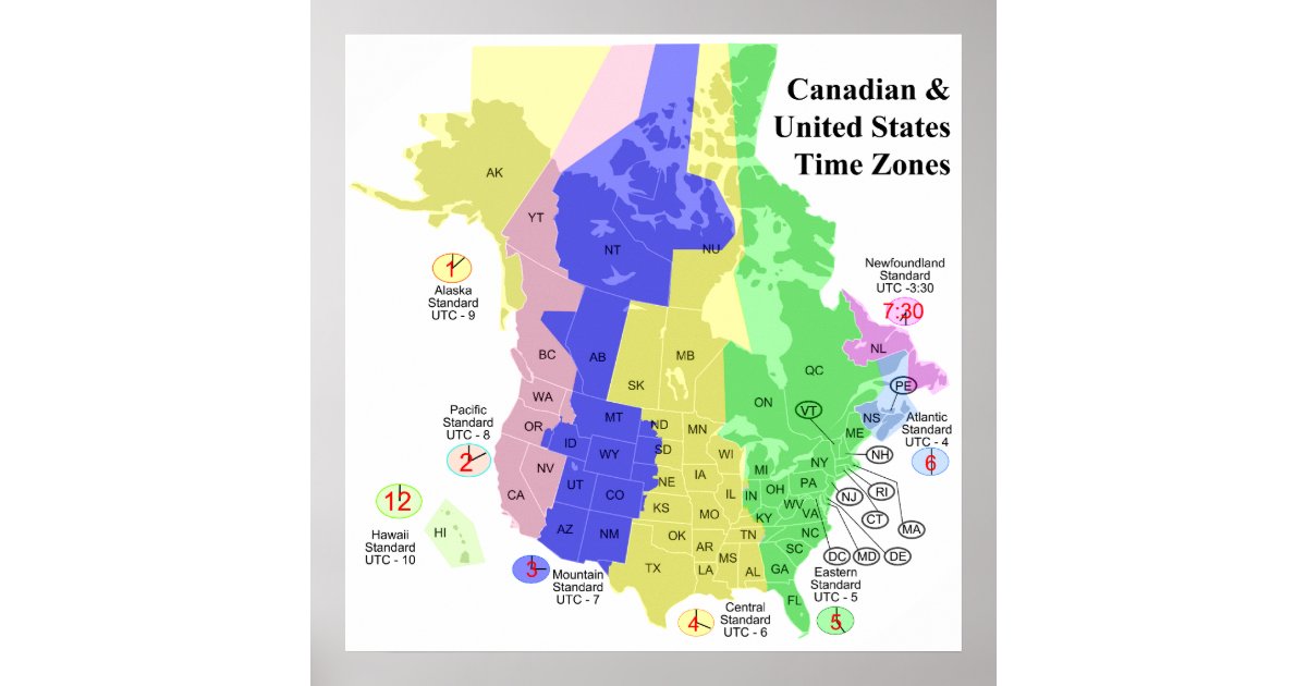 Canadian & United States Political Time Zone Map Poster | Zazzle