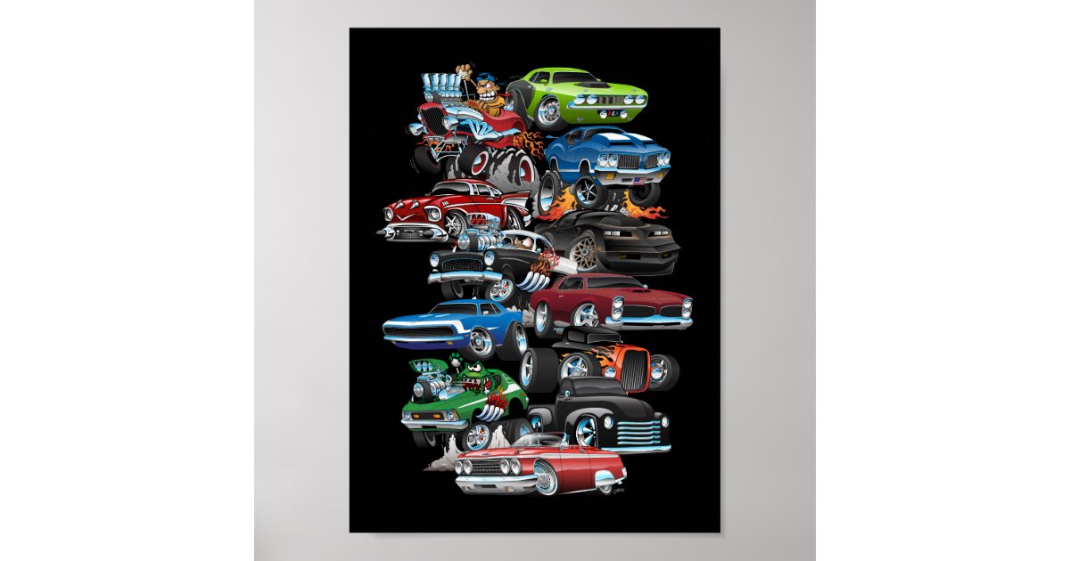 Car Madness! Muscle Cars and Hot Rods Cartoon Poster | Zazzle