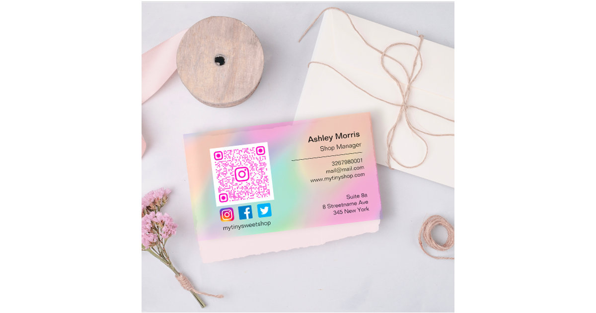 Carte De Visite Logo du code QR rose Réseaux sociaux Pastels en li ...