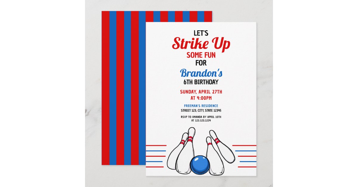 Cartoon Blue & Red Bowling Kids 6th Birthday Invitation | Zazzle