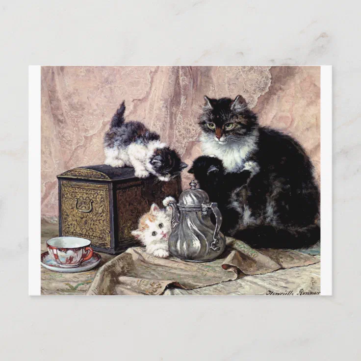 cats kittens playing tea party antique painting postcard | Zazzle