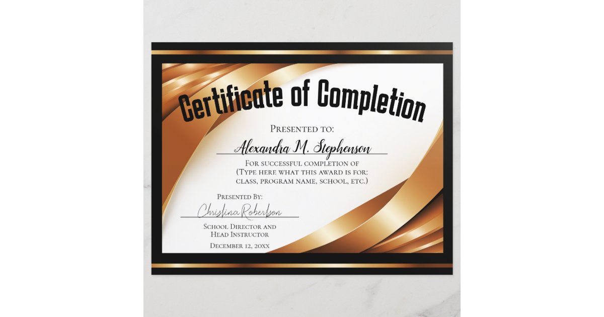 Certificate of Completion Gold Black Ribbons | Zazzle
