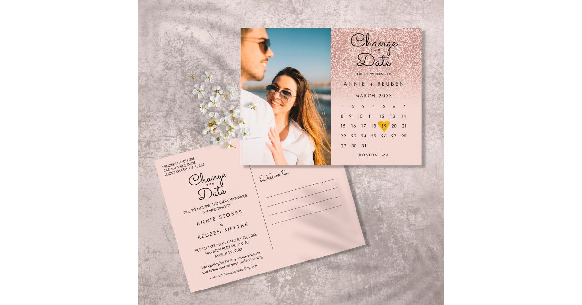 Change the Date Calendar Rose Gold Glitter Photo Postcard | Zazzle